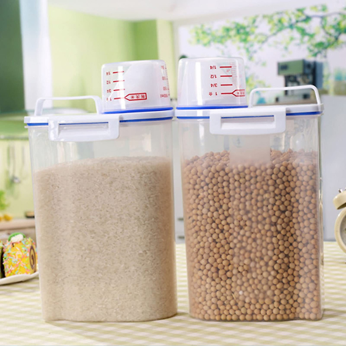 Rice Storage Container 2kg Dry Food Airtight Cereal Container with Measuring Cup Lid, BPA-Free Plastic Transparent Bulk Grain Dispenser Box for Oatmeal, Flour, Nuts