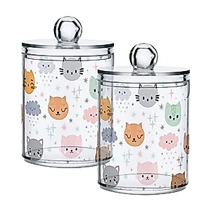 xigua 2 Pack Cute Little Cats Apothecary Jars with Lid, Qtip Holder Storage Containers for Cotton Ball, Swabs, Pads, Clear Plastic Canisters for Bathroom Vanity Organization (10 Oz)