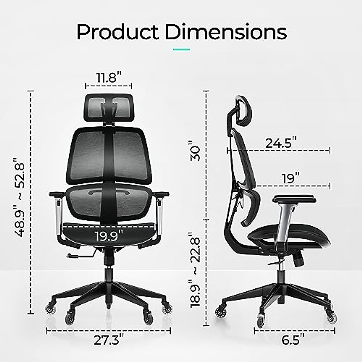 LINSY HOME High-Back Office Chair, Swivel Ergonomic Task Chair with Adjustable Headrest and Arms, Lumbar Support and PU Wheels, Computer Mesh Chair for Home Office, Black