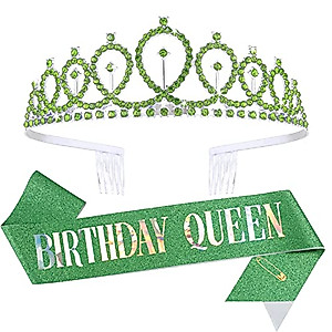 Birthday Queen Sash & Crystal Crown Kit CIEHER Birthday Crown and Sash Birthday Crowns for Women Birthday Sash Women Girls Crown Birthday Tiara Birthday Decorations Rhinestones Headband Hair Accessories Glitter Sash for Party - Green