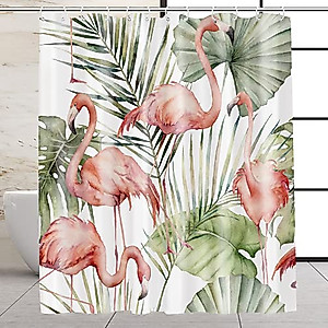 VEGA U Flamingo Shower Curtain for Bathroom, Tropical Leaves Themed Bath Decor with Hooks, 72x72 Inch