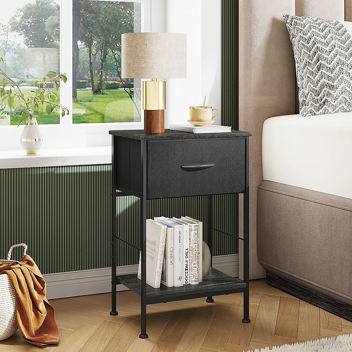 WLIVE Black Nightstand, Bedside Table with Fabric Storage Drawer, Open Wood Shelf, Bed Side Table, Night Stand for Bedroom Furniture, End Table for Living Room, Dorm, Entryway, 25.03" Height