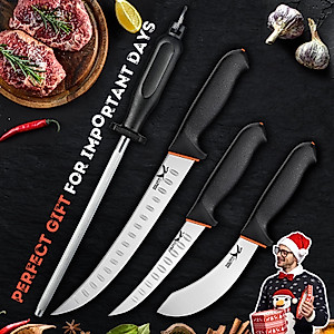 Golden Bird Butcher Knife Set - 4 Piece Professional BBQ Knife Set Include 6" Boning Knife, 6" Skinning Knife, 10" Butcher Breaking Knife & 8" Sharpener Rod
