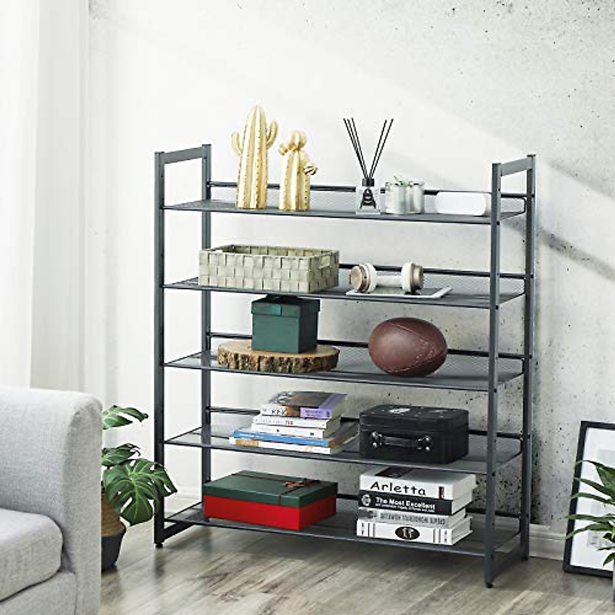 SONGMICS Shoe Rack, 5-Tier Stackable Shoe Storage Shelf, Metal Mesh, Flat or Angled Shoe Organizer Rack for 20 to 25 Pairs of Shoes, Short Boots, High Heels, Grey