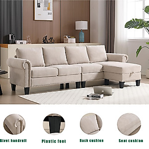 Ball & Cast 106" Convertible Sectional Sofa with Storage Chaise, Linen Upholstered 4 Seater Couch with Back Cushions and Removable Ottoman for Living Room, Apartment, Office,Beige