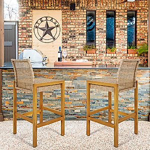 HAPPYGRILL Wicker Bar Stools Set of 2, Patio Chairs with Solid Wood Frame, Ergonomic Footrest, Indoor Outdoor Bar Height Chairs for Backyard Poolside Garden