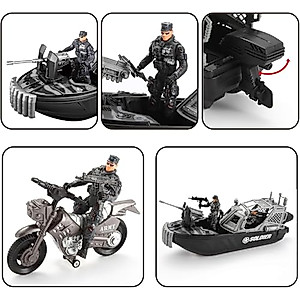 JOYIN 9 Pcs Combat Boat and Military Vehicle Toys Set with Realistic Military Combat Boat, Mini Helicopter, Motorcycle, Army Men Toy Soldiers Action Figures and Other Equipment Accessories