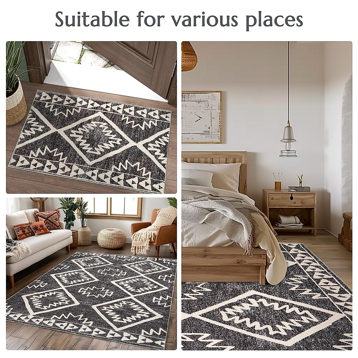 jinchan Boho Entryway Rug 2x3 Washable Non-Slip Rugs Area Rugs Moroccan Door Mats Small Rug Soft Geometric Thin Farmhouse Rug for Entrance Living Room Bedroom Bathroom Home Office Heathered Black
