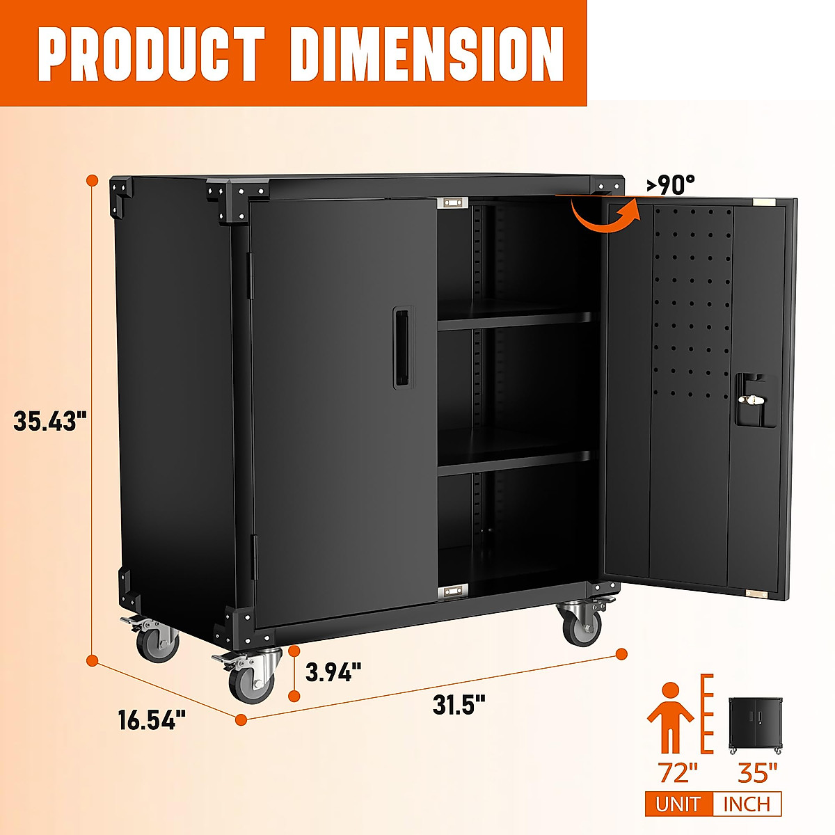 SUPEER Metal Storage Cabinet with Wheels,Rolling Storage Cabinet with 2 Doors and Adjustable Shelves,Suitable for Garage,Home,Office,Gym,School-Assembly Required,Black