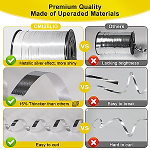 OMISELIO Silver Ribbon, 500 Yard Premium Silver Curling Ribbon, Metallic Shiny Curling Ribbon for Gift Wrapping, Balloon Ribbon, Balloon String, Curly Ribbon, 3/16" Ribbon for Birthday, Christmas