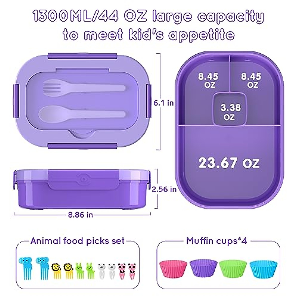 TIME4DEALS Lunch Box Kids Adult Bento Box Bento-Style Lunch Box 1300ml Ideal Portion Size Leak Proof Bento Lunch Box for Teens Toddlers, BPA Free Lunchbox Containers for School Work Picnic (Purple)