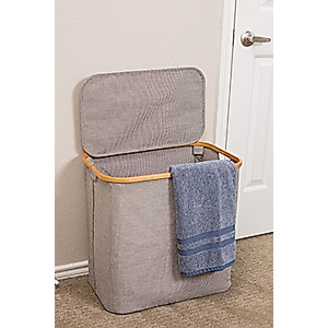 BIRDROCK HOME Bamboo & Canvas Hamper - Single Laundry Basket with Lid - Modern Foldable Hamper - Cut Out Handles - Grey Narrow Design - Great for Kids Adults