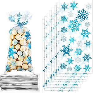 Christmas Cellophane Bags Winter Snowflake Holiday Treat Bags Blue Plastic Candy Goodie Bags with Twist Ties for Winter Xmas Wonderland Birthday Holiday Party Favors(100 Counts)