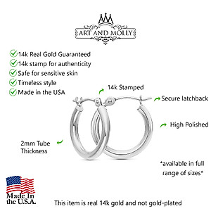 14k White Gold Polished Real Gold Hoop Earrings, Plain Round Gold Hoops, 14 Karat Real Gold 13mm (0.5 inch)