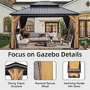 Jaxenor Outdoor Cedar Wood Frame Canopy - 12'x14' Hardtop Gazebo with Galvanized Steel Double Roof - Permanent Metal Pavilion for Patio, Backyard, and Lawn - Includes Curtains and Netting - Brown