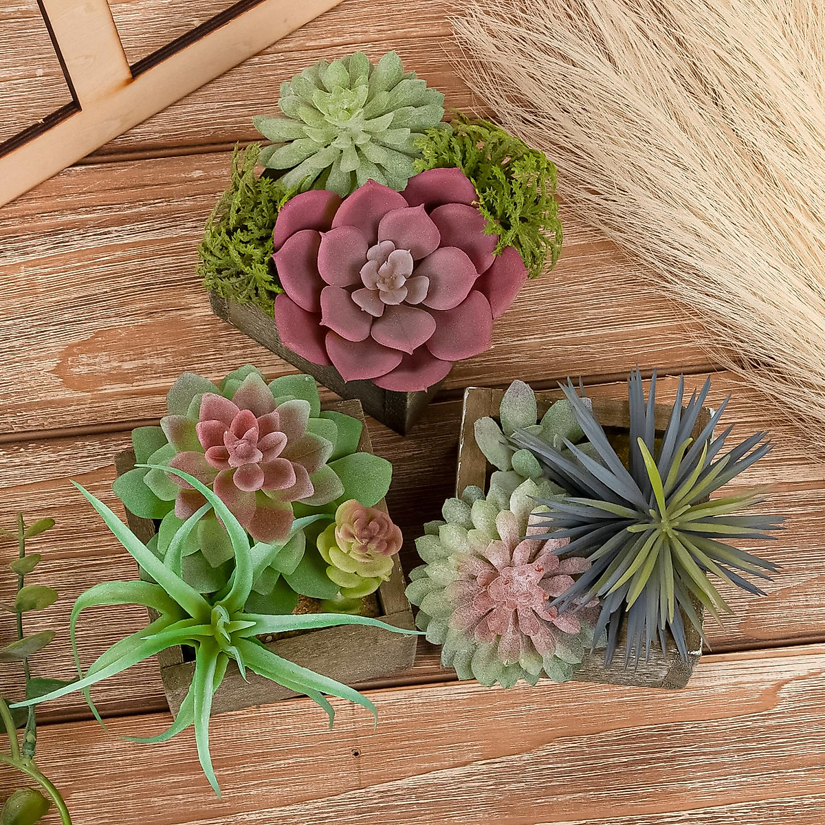 Mingfuxin Artificial Succulents Plants, Mini Assorted Green Fake Plants in Pots, Small Succulents Plants Artificial with Wood Potted for Bathroom Home Office Living Room Table Decor Indoor, Set of 3