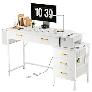 YILQQPER Computer Desk with Charging Station, Home Office Desks with Printer Stand, PC Desk with 5 Fabric Drawers, White Desk with Storage, Vanity Desk for Small Space, White