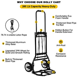 Folding Hand Truck and Dolly, 200 LB Capacity Upgraded Aluminum Dolly Cart, Extended Handle Portable Dolly for Travel, Moving, Shopping, Office Use, Black
