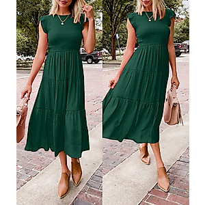 MEROKEETY Women's Summer Casual Short Sleeve Round Neck Smocked High Waist Flowy Sun Midi Dress,ForestGreen,L