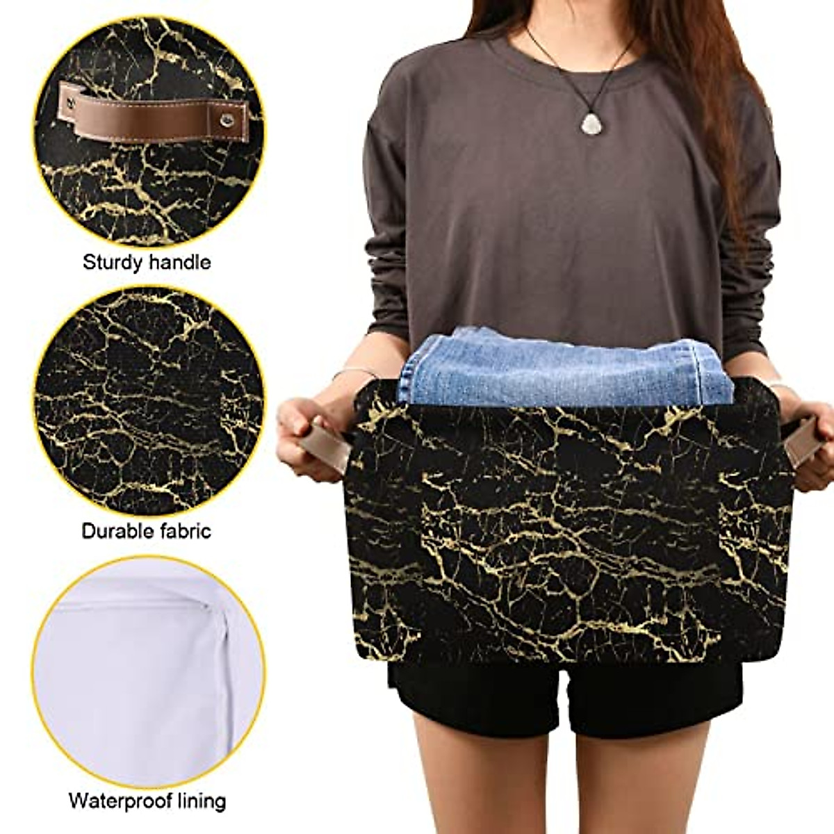 ALAZA Black Gold Marble Foldable Storage Box Storage Basket Organizer Bins with Handles for Shelf Closet Living Room Bedroom Home Office 2 Pack