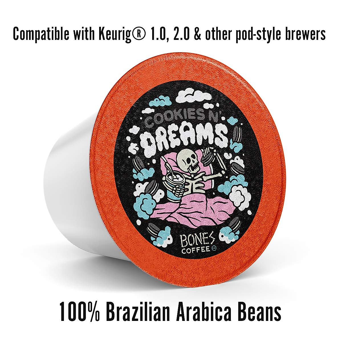 Bones Coffee Company Flavored Coffee Bones Cups Cookies 'N Dreams | 12ct Single-Serve Coffee Pods Compatible With 1.0 & 2.0 Keurig Coffee Maker | Chocolate Cookie & Vanilla Ice Cream Coffee Flavor