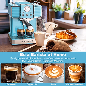 Galanz Retro Espresso Machine with Milk Frother, 15 Bar Pump Professional Cappuccino and Latte Machine, 1.5L Removable Water Tank, Retro Blue, 1350 W