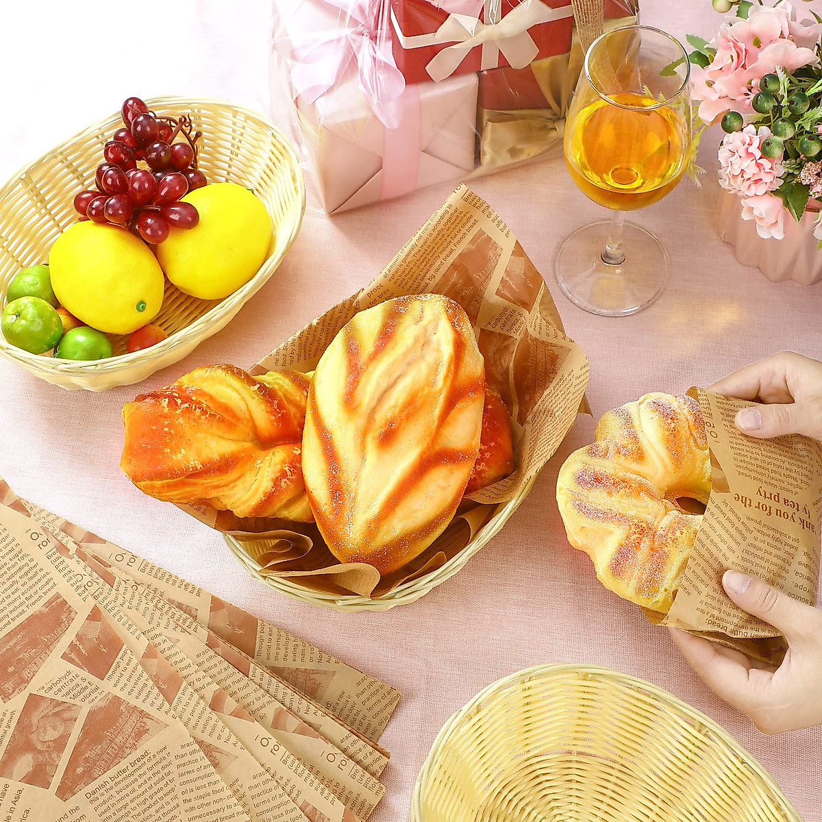 24 Pieces Baskets for Gifts Empty Bulk Oval Food Storage Basket Woven Bread Fruit Gift Baskets with Bags Paper Sheets and Long Ribbon for Wedding Birthday, 9.6 x 6.4 x 2.4 Inches