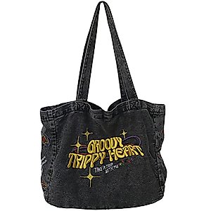 Embroidered Canvas Tote Bag, Denim Shoulder Bag With Zipper, Large Capacity Wallet, Denim Canvas Tote Bag (Black)