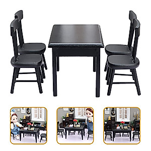 Black Chairs 5Pcs Miniature Table and Chairs, Mini Dining Table Set for 4, Doll House Black Wooden Table Chairs Miniature Furniture and Accessories Furniture