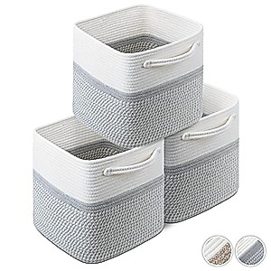LOVSTORAGE Rope Laundry Basket, 3 Pack Woven Basket Rope Basket in Living Room Modern Hamper Basket in Laundry Room for Blankets Toys Throws Pillows Towels 12"x12"x12" White/Grey