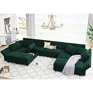 Belffin Oversized Modular sectional Sofa with Double Chaises U Shaped Sectional Sleeper Sofa Couch Reversible Sectional Sofa with Storage Velvet Green