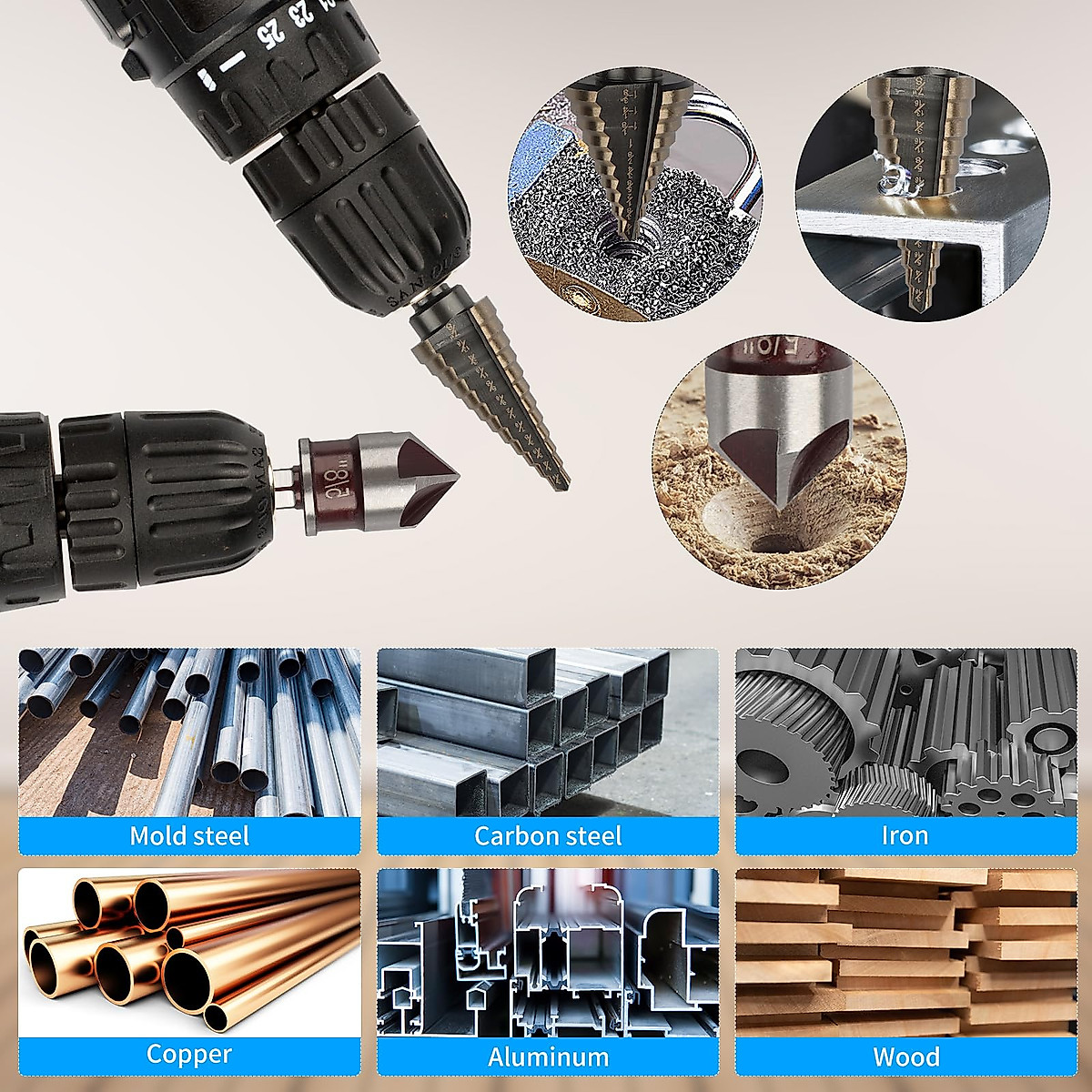 Rocaris 5 Pack Step Drill Bit & 5 Pack M2 Countersink Drill Bit Set, Titanium Coated, 50 Sizes of Step Bit for Metal with Aluminum Case, Multiple Hole Stepped Up Bits for DIY