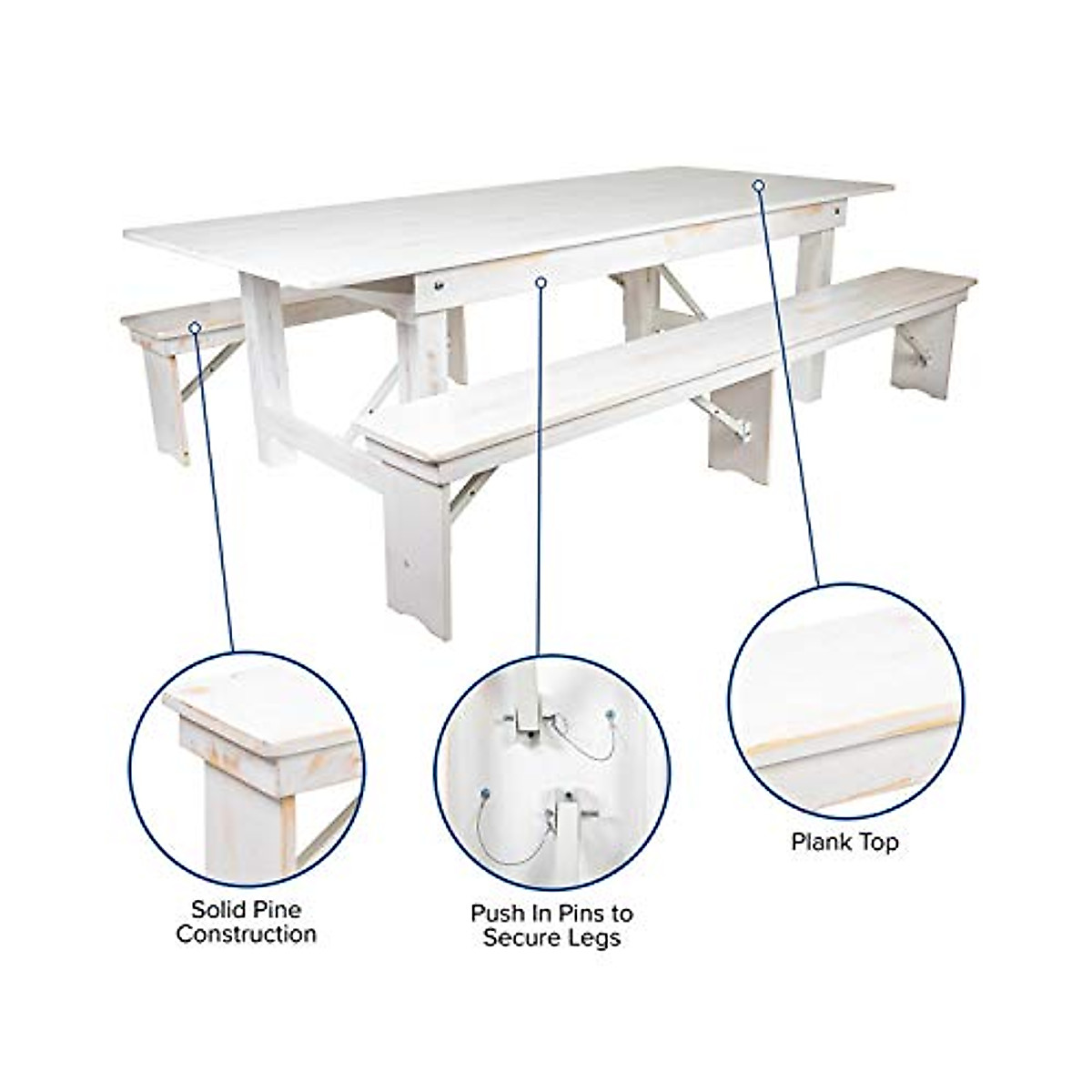 Flash Furniture HERCULES Series 9' x 40" Antique Rustic White Folding Farm Table and Two Bench Set