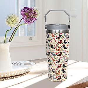 Dachshund Tumbler Gifts with Handle and Straw, Stainless Steel Vacuum Insulated Flip Straw 30 oz Dachshund Tumbler, Spill Proof Coffee Travel Mug Dachshund Lovers Gifts
