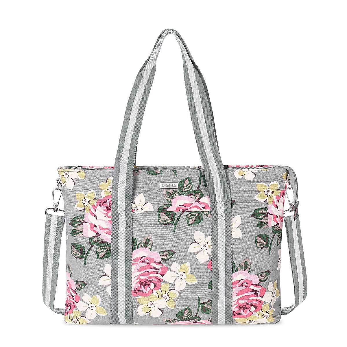 MOSISO Laptop Tote Bag for Women (17-17.3 inch), Canvas Rose Multifunctional Work Travel Shopping Duffel Carrying Shoulder Handbag Compatible with MacBook, Notebook and Chromebook, Grey