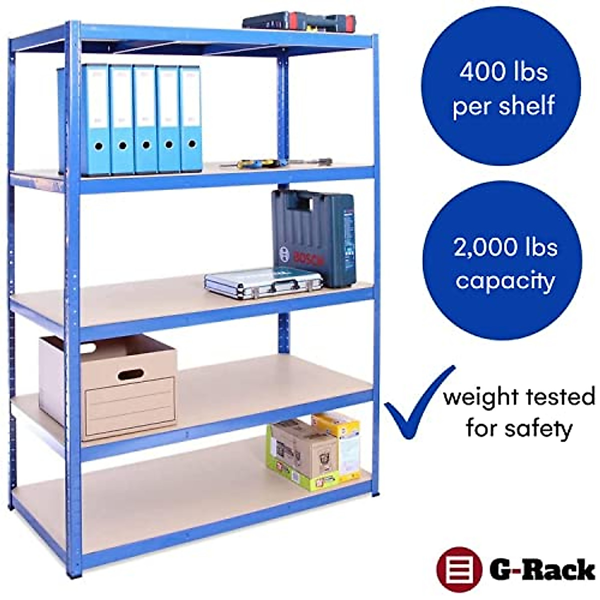 G-Rack 71" H x 47" L x 24" W Garage Storage Shelving Unit - Metal Shelf - Built to Last Storage - Heavy Duty 5 Tier Storage Shelf - Blue Shelving Unit Free Bay Connectors - 5-Year Support