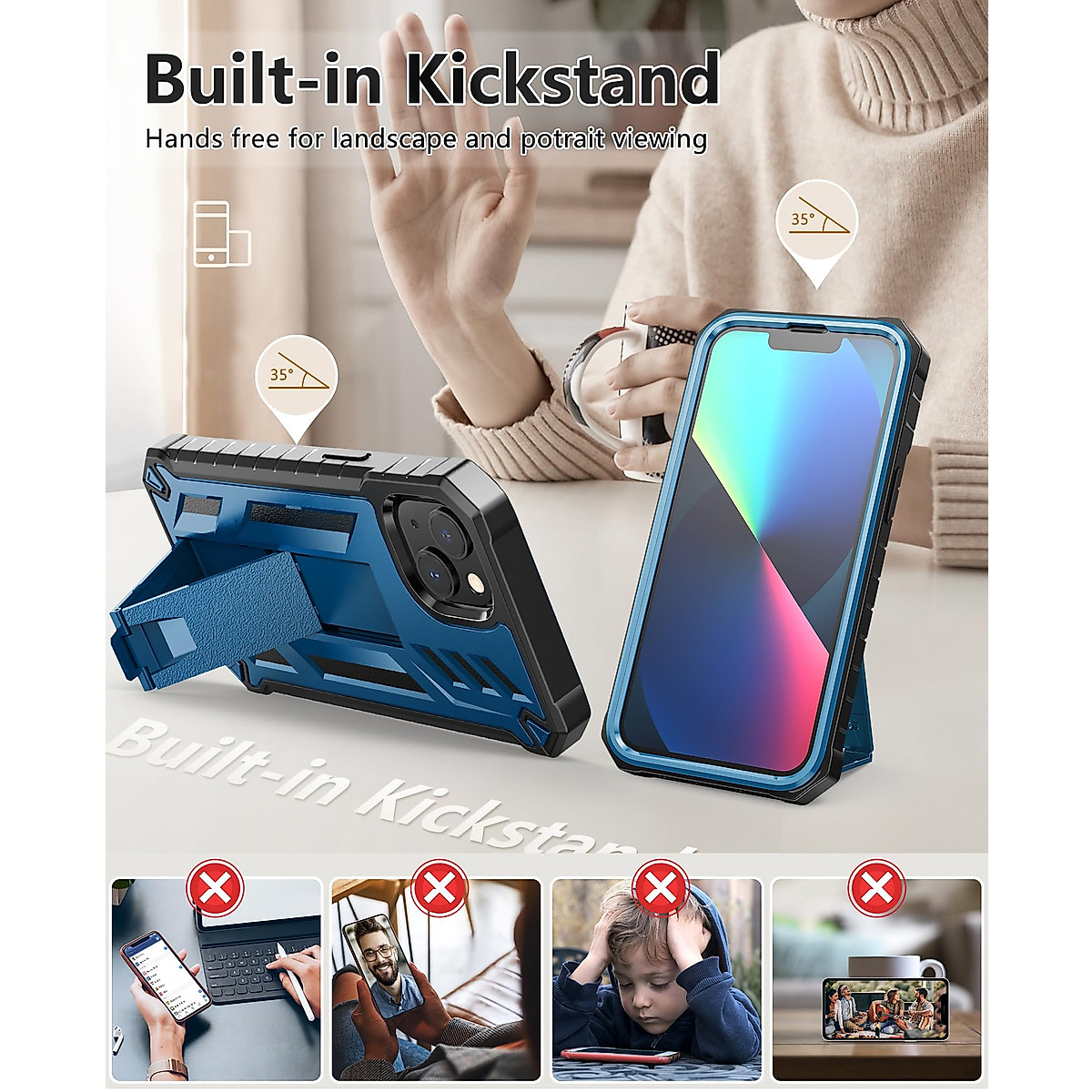 for iPhone 13 Case Protective Cover: iPhone 14 case Heavy Duty Military Grade Hard Protection Shock Proof Grip | Durable Dual-Layer Design iPhone 13-14 Phone Case with Built-in Kickstand Blue
