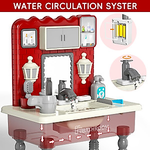 Lucky Doug Pretend Play Sink Toys for Kids, Bathroom Sink Toy with Running Water, Vanity Set with Mirror and Stool for Girls Ages 3 4 5 6 7 Year olds