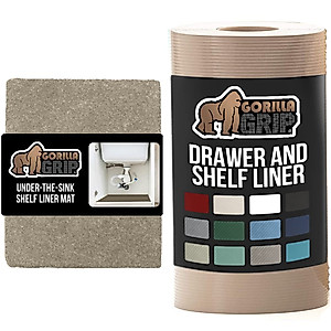 Gorilla Grip Under Sink Mat and Drawer Liner, Under Sink Mat Size 24x30, Absorbent Mat for Below Sinks, Drawer Liner Size 17.5x20 in, Strong Grip Liners for Drawers, Both in Beige, 2 Item Bundle