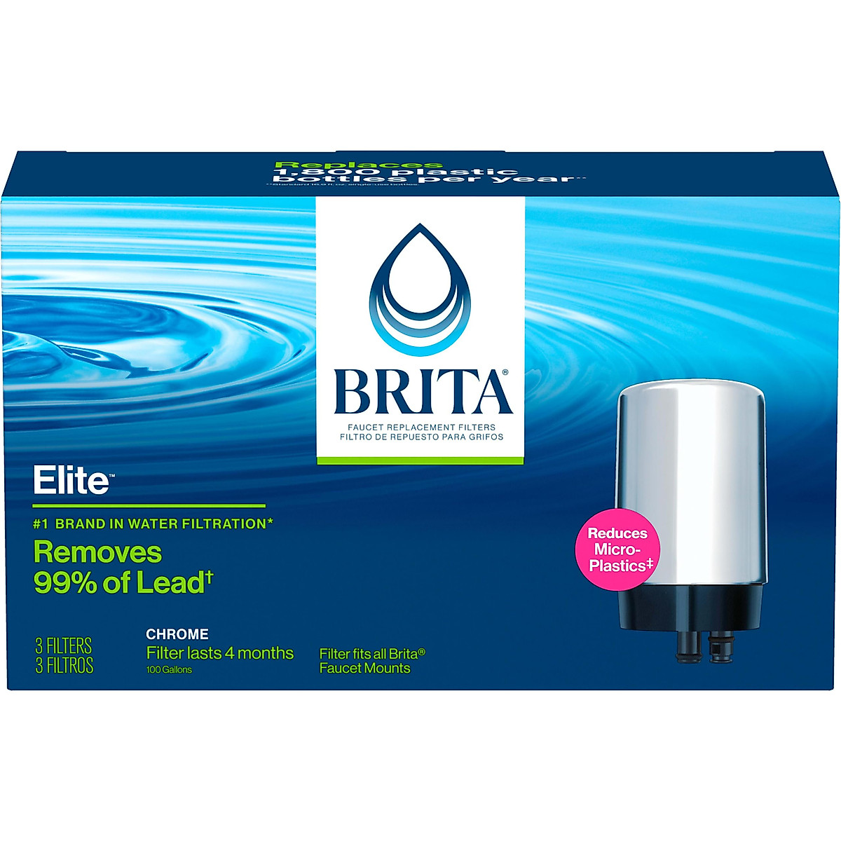 Brita Water Filter Replacements for Sink, Faucet Mount Water Filtration System for Tap Water, Reduces 99% of Lead, Chrome, 2 Count