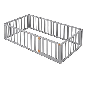 Harper & Bright Designs Twin Floor Bed with Rails, Montessori Floor Bed Wood Frame with Fence and Door, for Kids Girls Boys (Twin Size,Gray)