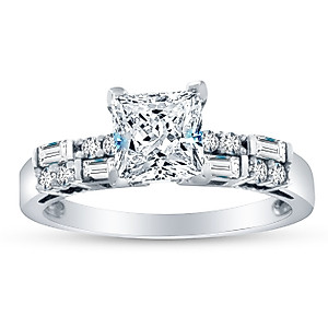 Size 4 - Solid 14k White Gold CZ Cubic Zirconia Bridal Engagement Ring w/Matching Wedding Band Two Ring Set - Princess Cut Solitaire with Round & Baguette Side Stones (2.25cttw., 1.0ct. Center)