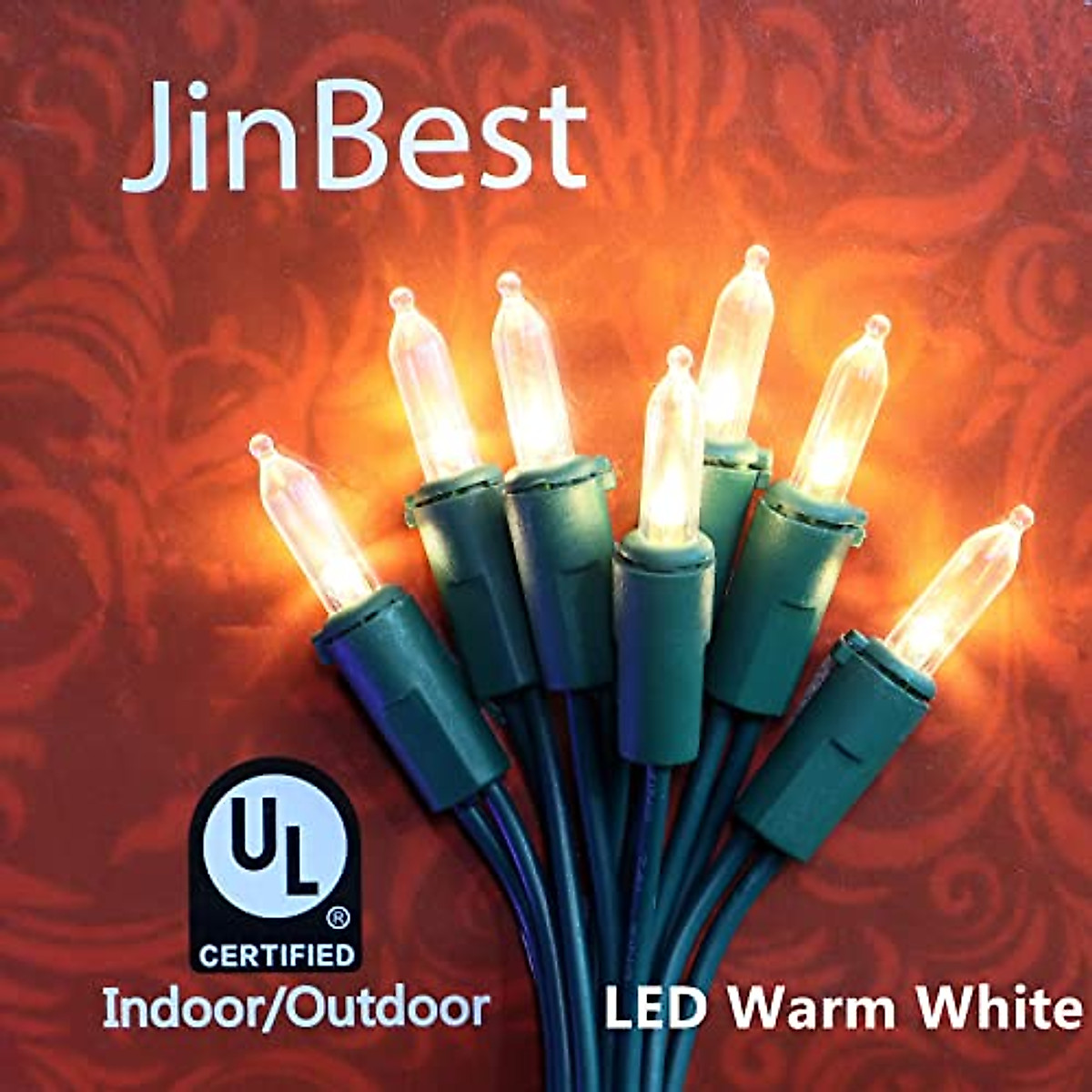 JinBest 100 LED Warm White Green Wire String Lights, UL Certified and Commercial Mini Light Set, for Indoor Outdoor Party, Patio, Trees.