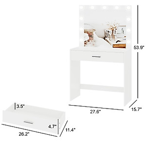 Rovaurx Vanity Table with Large Lighted Mirror, Makeup Vanity Dressing Table with Drawer, Bedroom Dressing Desk for Women, 11 LED Light Bulbs & Adjustable Brightness, White RSZT105W