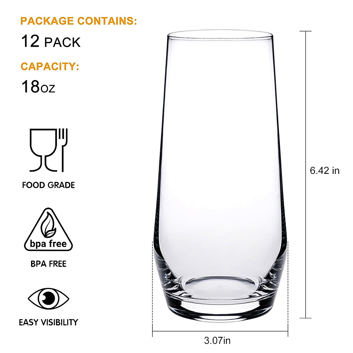 Cadamada 18oz Drinking Glasses, Highball Glasses Set of 12,Sutiable for Glasses for Wine, Iced Tea Glasses,Mojito Kit,Cocktails, Drinks, Office, Parties, Weddings and Gifts