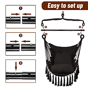 Ciouper Hammock Chair Hanging Rope Swing with Stylish Tassels - Max 500 Lbs - 2 Cushions Included - Heavy-Duty Steel Spreader Bar with Anti-Slip Rings - for Any Indoor or Outdoor Spaces (Grey)