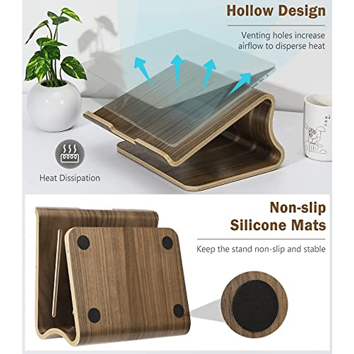 MoKo Wood Laptop Stand, Wooden Laptop Stand for Desk, Ergonomic Computer Cooling Holder, Natural Wooden Texture Desktop Notebook Stand Fits MacBook/iPad/Surface/Dell/Chromebook Laptops 11-17", Walnut