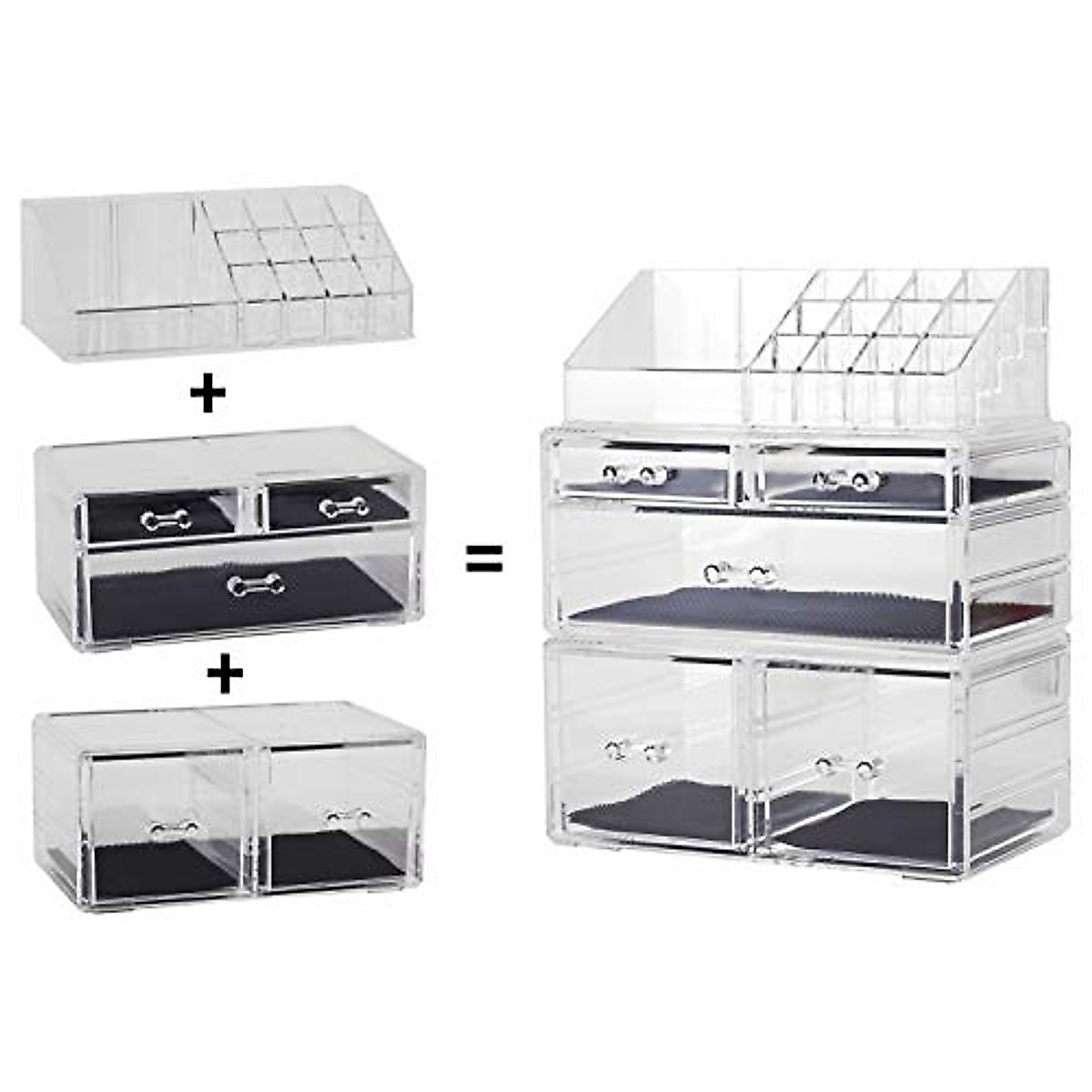 Sooyee Makeup Organizer,Acrylic Cosmetic Organizer Storage Drawers Jewelry and Cosmetic Display Cases Box(5 Drawers 7 Tiers) 3 Pieces Stackable,Clear