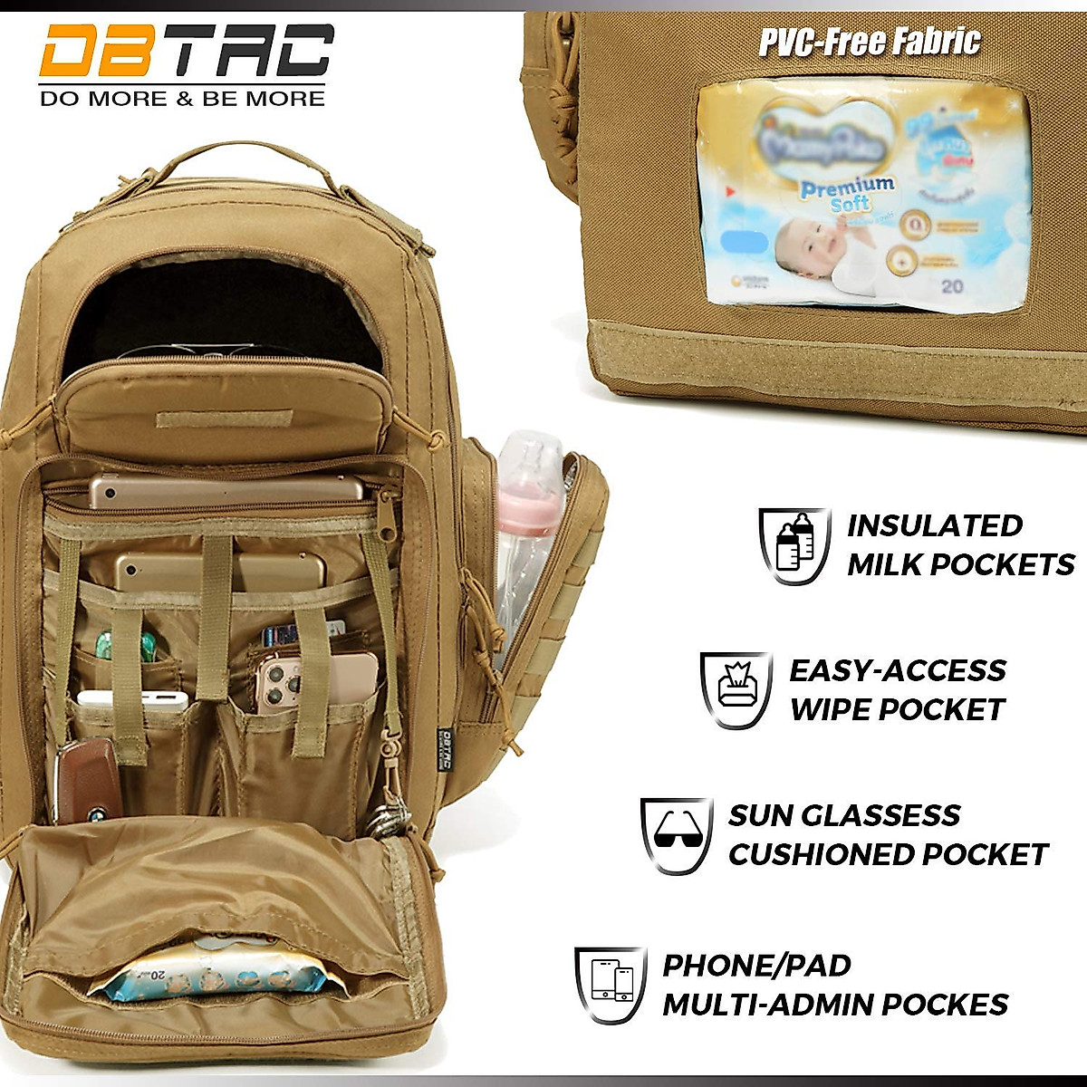DBTAC Military Style Diaper Bag (Tan) + Tactical Lunch Bag (Tan), Durable Material with Large capacity, Multi-functional Design