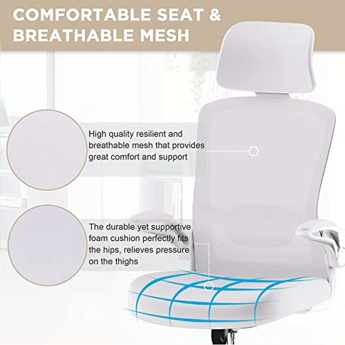 Mimoglad Office Chair, High Back Ergonomic Desk Chair with Adjustable Lumbar Support and Headrest, Swivel Task Chair with flip-up Armrests for Guitar Playing, 5 Years Warranty